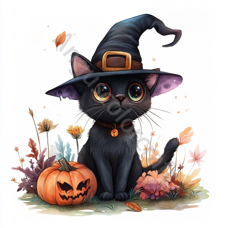 12 JPG Watercolor Halloween Black Cat Clipart Bundle Cute Cat Clipart ...