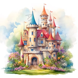 13 Whimsical Princess Castle Clip Art, Printable Watercolor Clipart ...