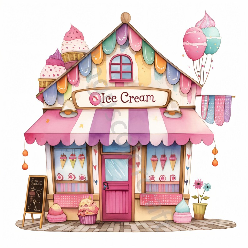 10 Quirky Ice Cream Shop Clip Art, Watercolor Clipart JPG, Junk ...