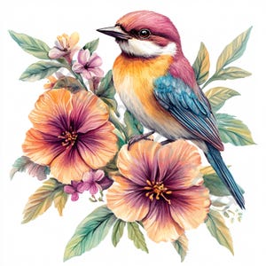 12 JPG Whimsical Birds Clip Art, Birds With Flowers, Cute Birds Digital ...