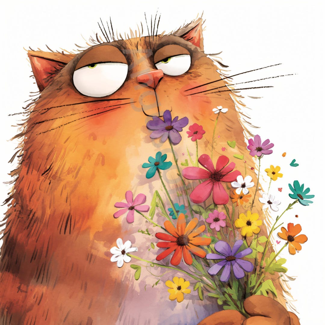 10 JPG Quirky Cat With Flowers Clip Art, Watercolor, Junk Journal ...