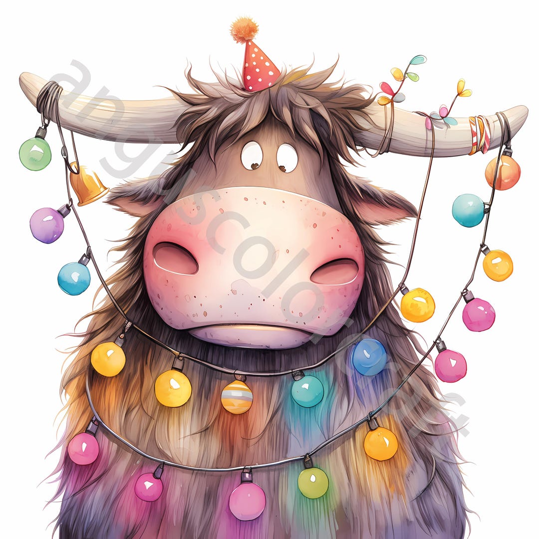 10 Jpgs Christmas Highland Cow Clip Art, Watercolor Clipart, Digital ...