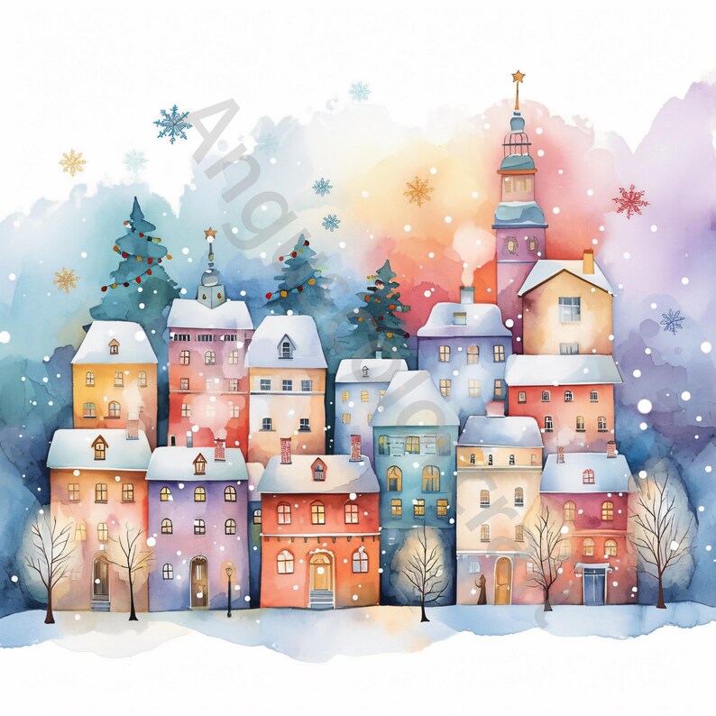 10 Christmas Card Clipart, Winter Houses Card, Printable Watercolor ...