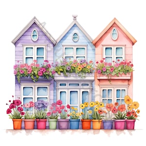 Whimsical Row Houses Clip Art Bundle 11 High Res Watercolor Clipart JPG for Junk Journaling ...