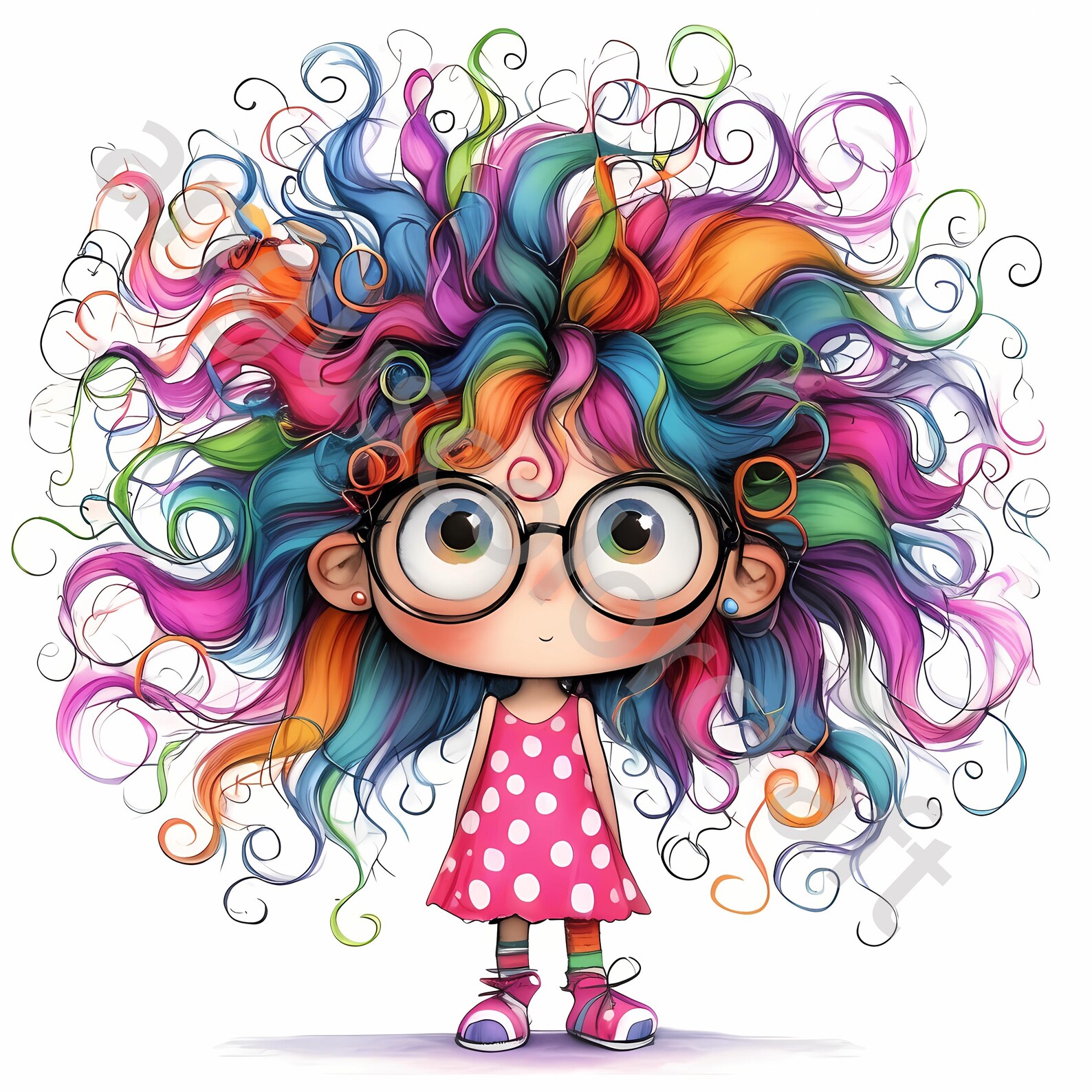 Quirky Little Girl With Frazzled Hair Girl Clip Art: Watercolor Jpgs ...