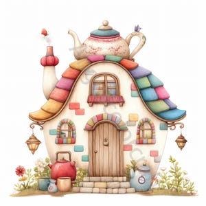 Whimsical Colorful Teapot House Clip Art 12 High Res Watercolor Jpgs ...