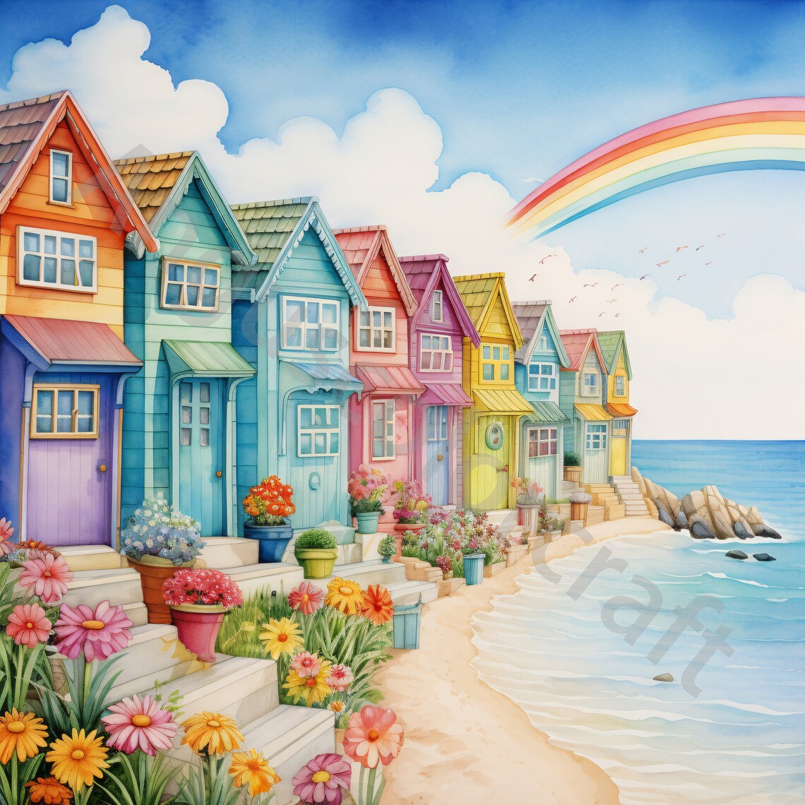 Whimsical Seaside Rainbow Cottages Clip Art Bundle 12 High Res ...