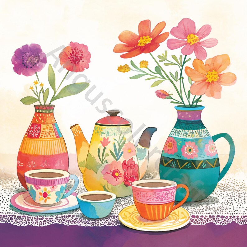 10 JPG Vintage Tea Set Clip Art, Watercolor Clipart, Junk Journaling ...