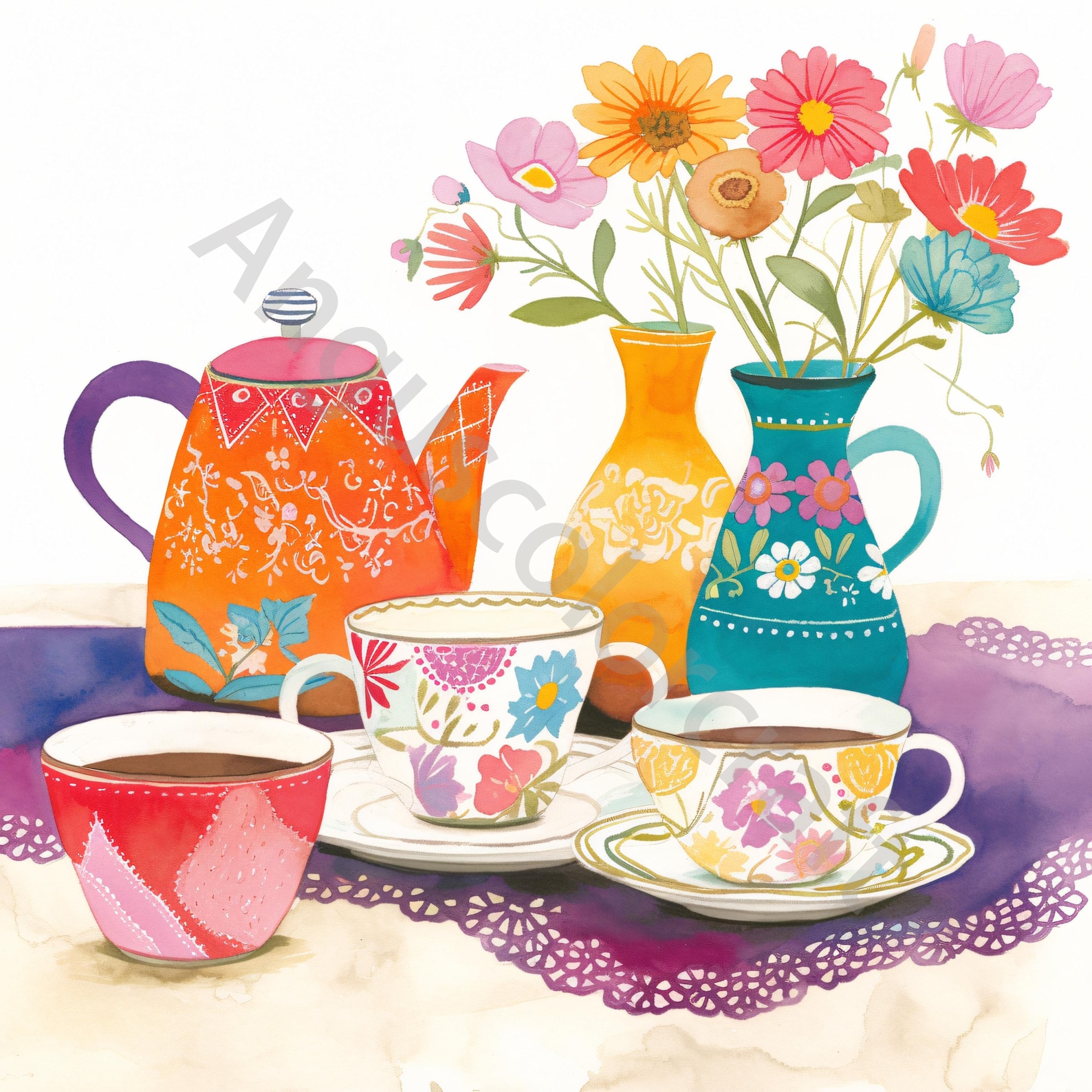 10 JPG Vintage Tea Set Clip Art, Watercolor Clipart, Junk Journaling ...