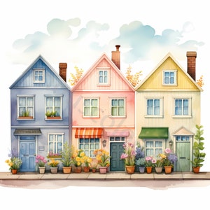 Whimsical Row Houses Clipart Bundle 20 High Res Watercolor Jpgs for Junk Journaling ...