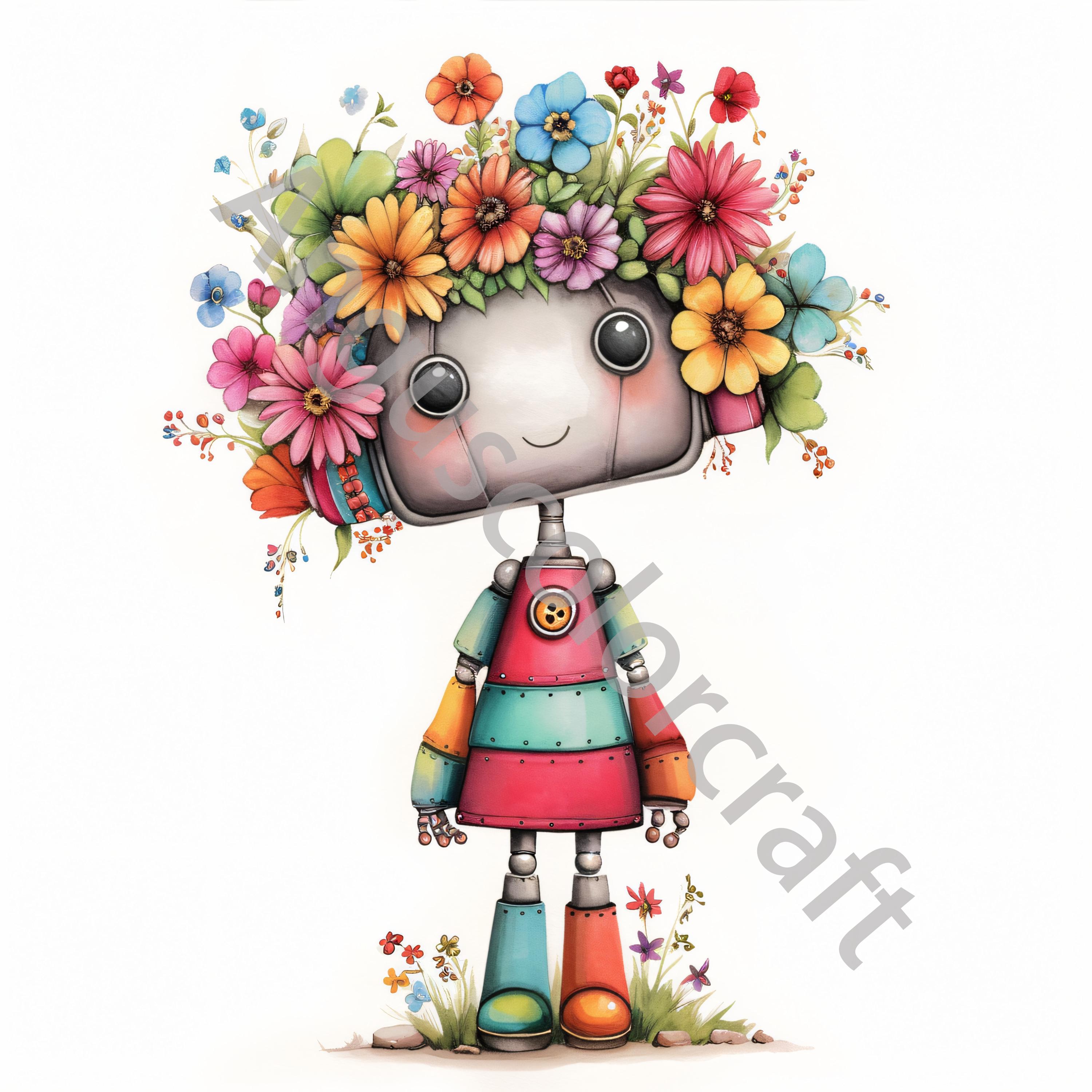 10 Quirky Robot With Flowers Clip Art, Watercolor Clipart JPG, Junk ...