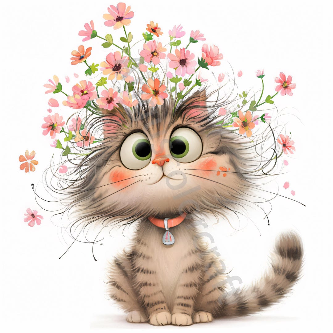 12 Frazzled Flower Cat Clip Art, Watercolor Clipart JPG, Junk ...
