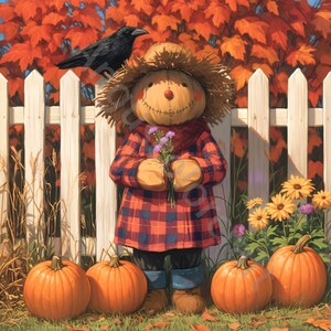 Whimsical Scarecrow in Pumpkin Patch Clip Art 10 High Res Watercolor ...