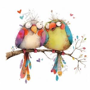 10 Quirky Couple of Birds Clip Art, Watercolor JPG, Junk Journaling ...