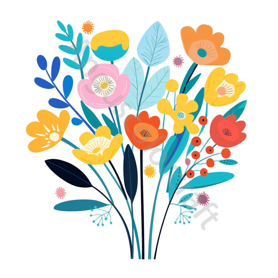 10 JPG Whimsical Flowers Clipart, A Bouquet of Flowers Clipart, Digital ...