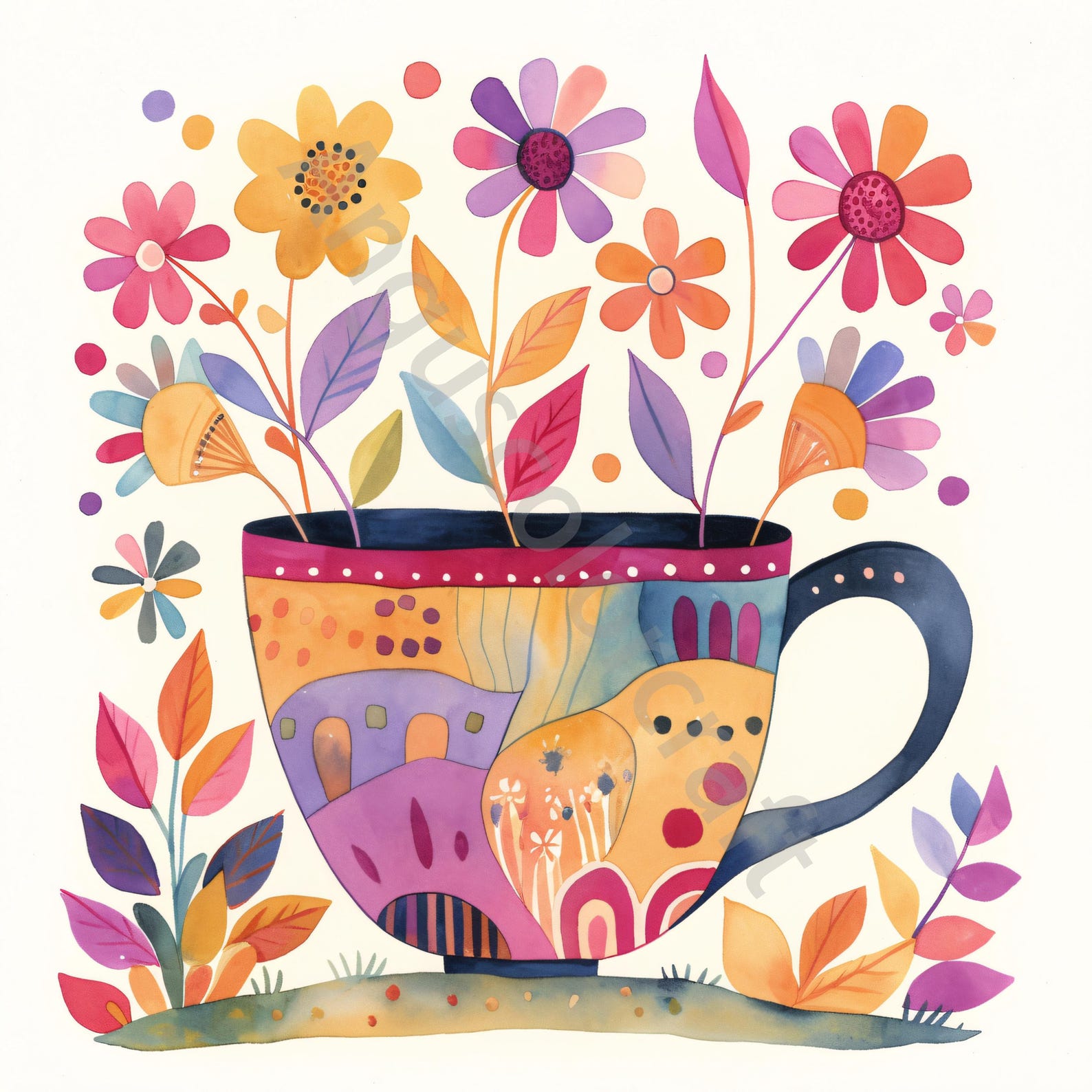 10 Cute Whimsical Cup of Flower Clip Art, Flowers Clipart, High Res JPG ...