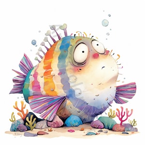 10 Quirky Funny Fish Art, Watercolor Clipart JPG, Junk Journaling ...
