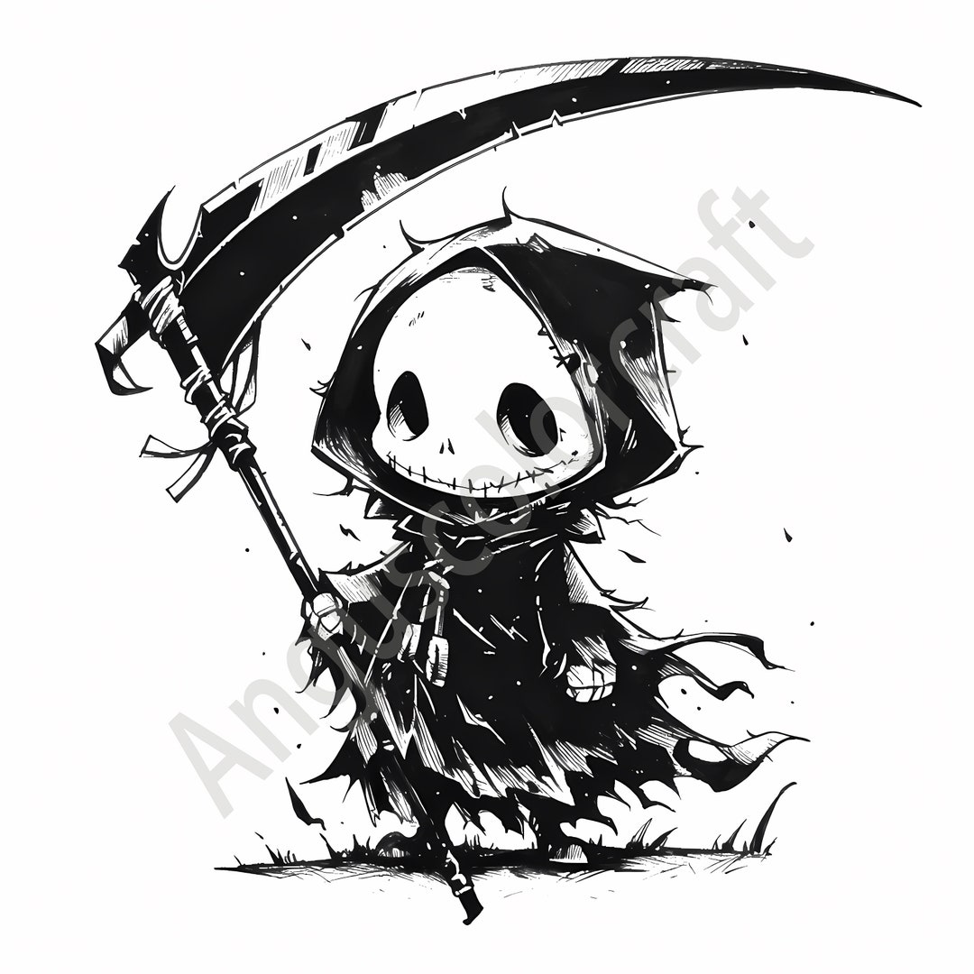 12 Cute Grim Reaper JPG, Black and White Clipart, Spooky Reaper ...