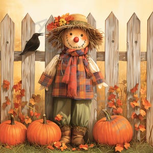 Whimsical Scarecrow in Pumpkin Patch Clip Art 10 High Res Watercolor ...
