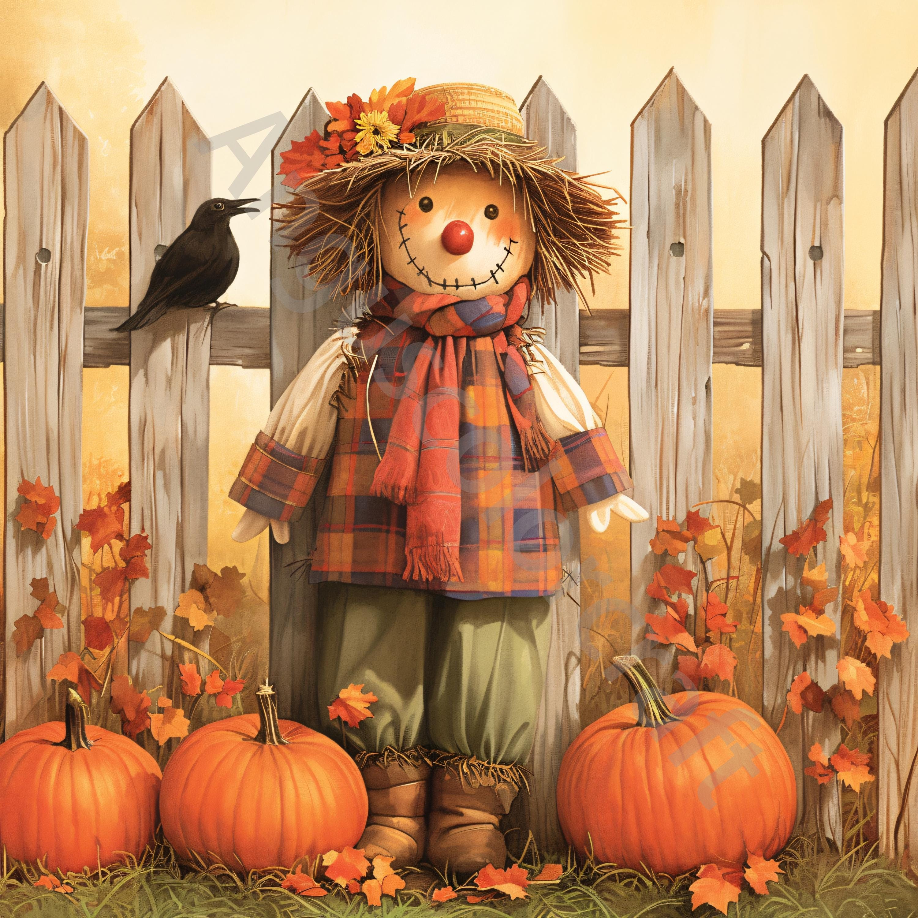 Whimsical Scarecrow in Pumpkin Patch Clip Art 10 High Res Watercolor ...