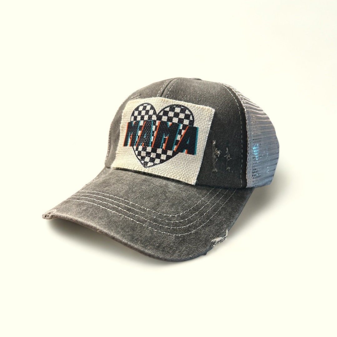 Vintage Mama Heart Trendy Ponytail Patch Distressed Hat, Mother's Day ...