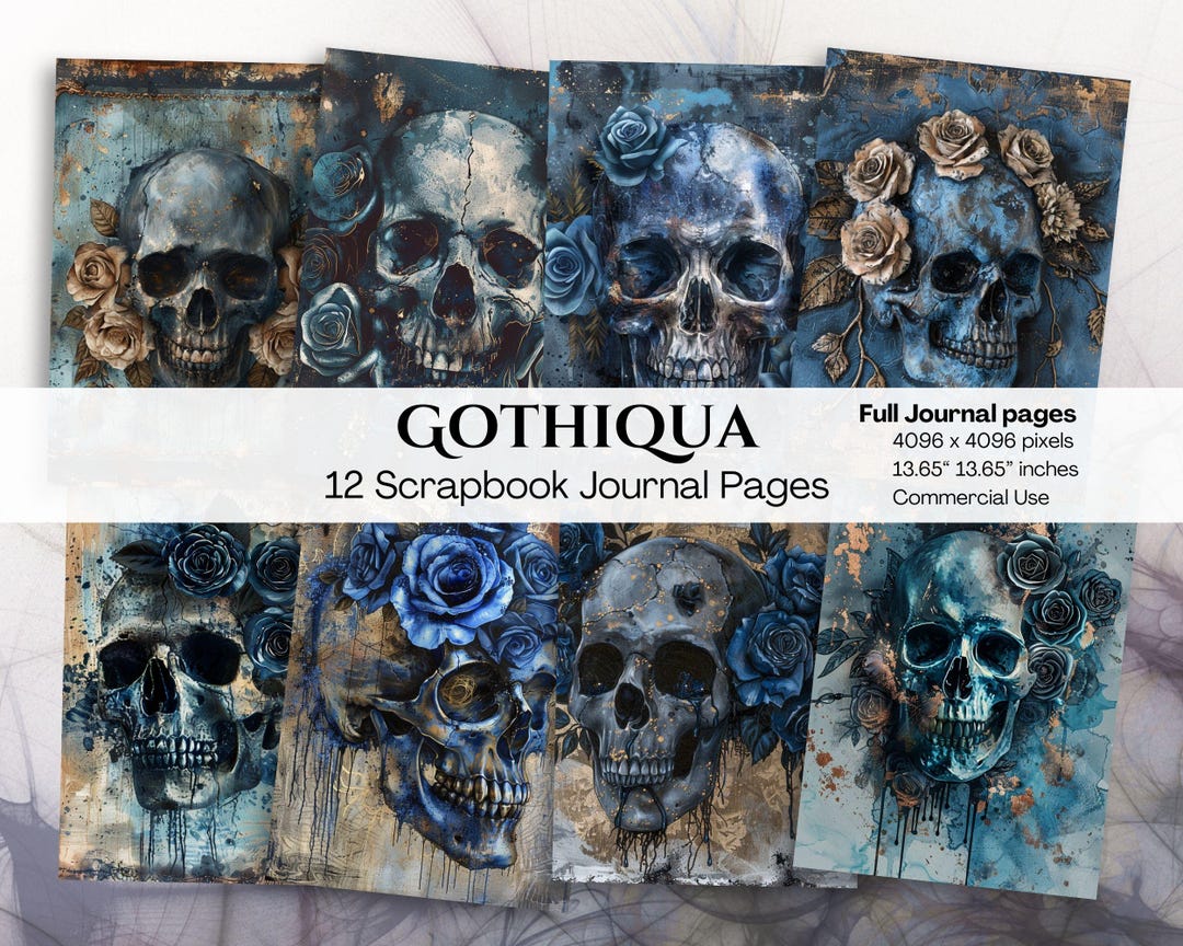 Skull Paper, Skeleton Paper, Roses, Flowers, Gothic Paper, Blue Gold ...