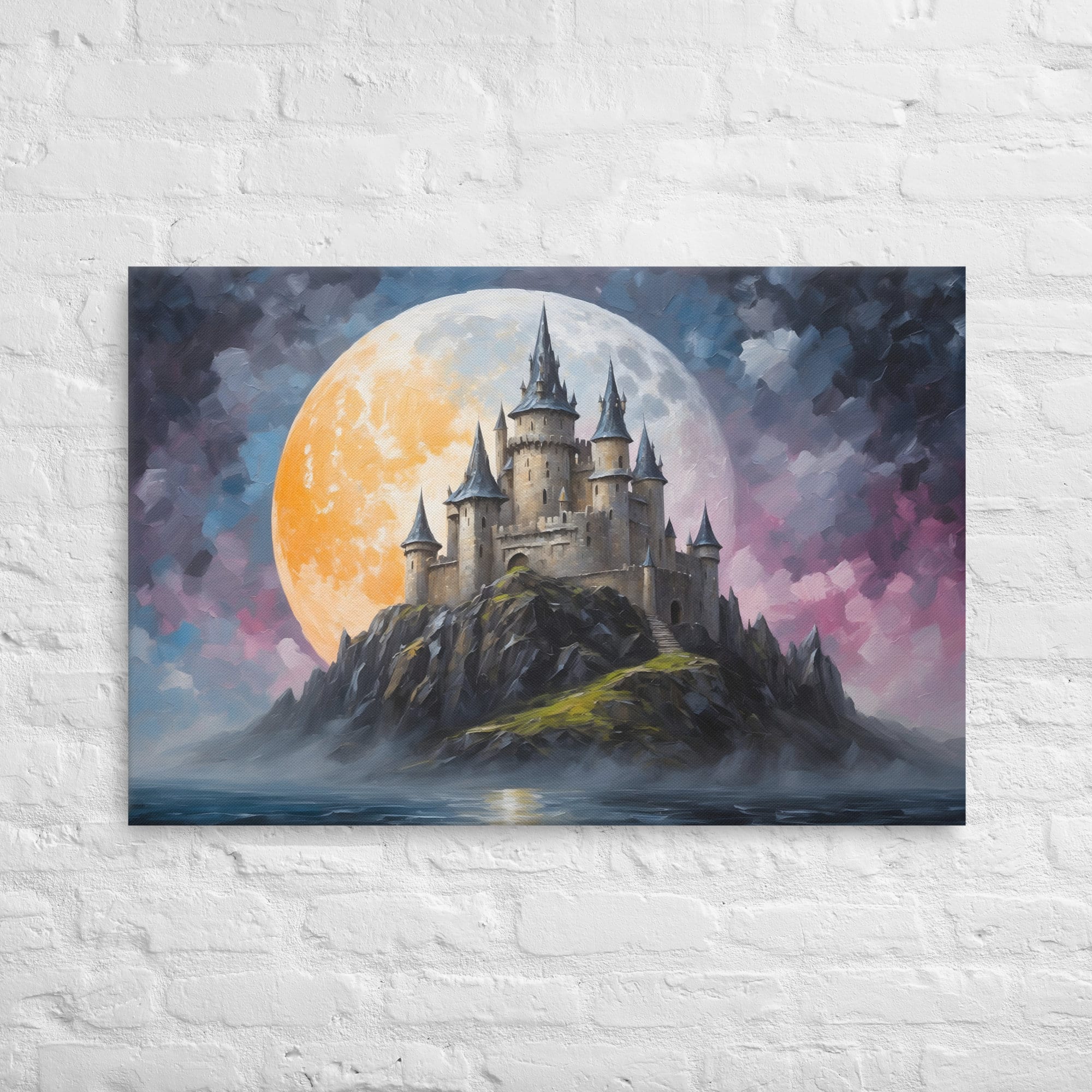 Magical Wizard Castle Wall Canvas, Castle With Big Full Moon Wall Art ...