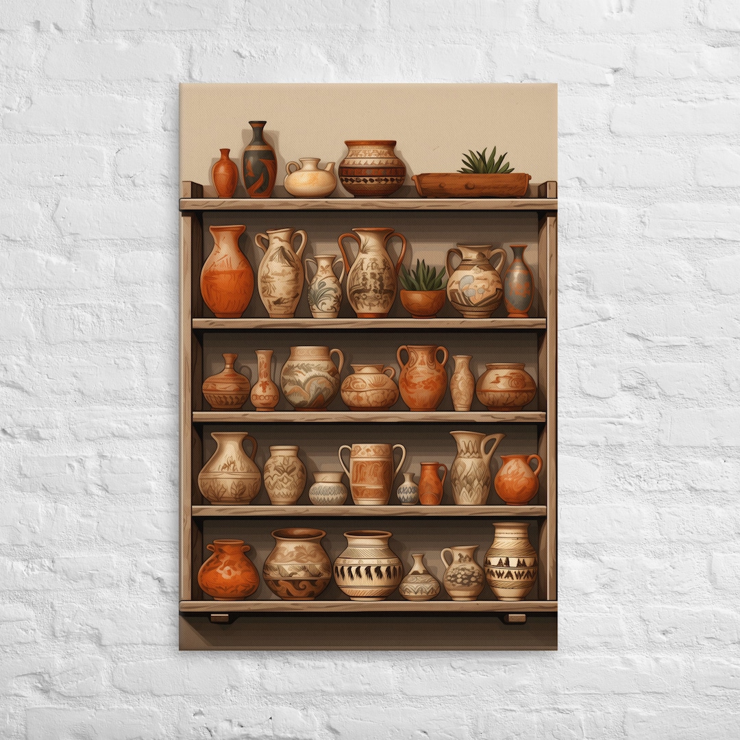 Aztec Pots Canvas Wall Art, Rustic Pantry Shelves Canvas Print, Ready ...