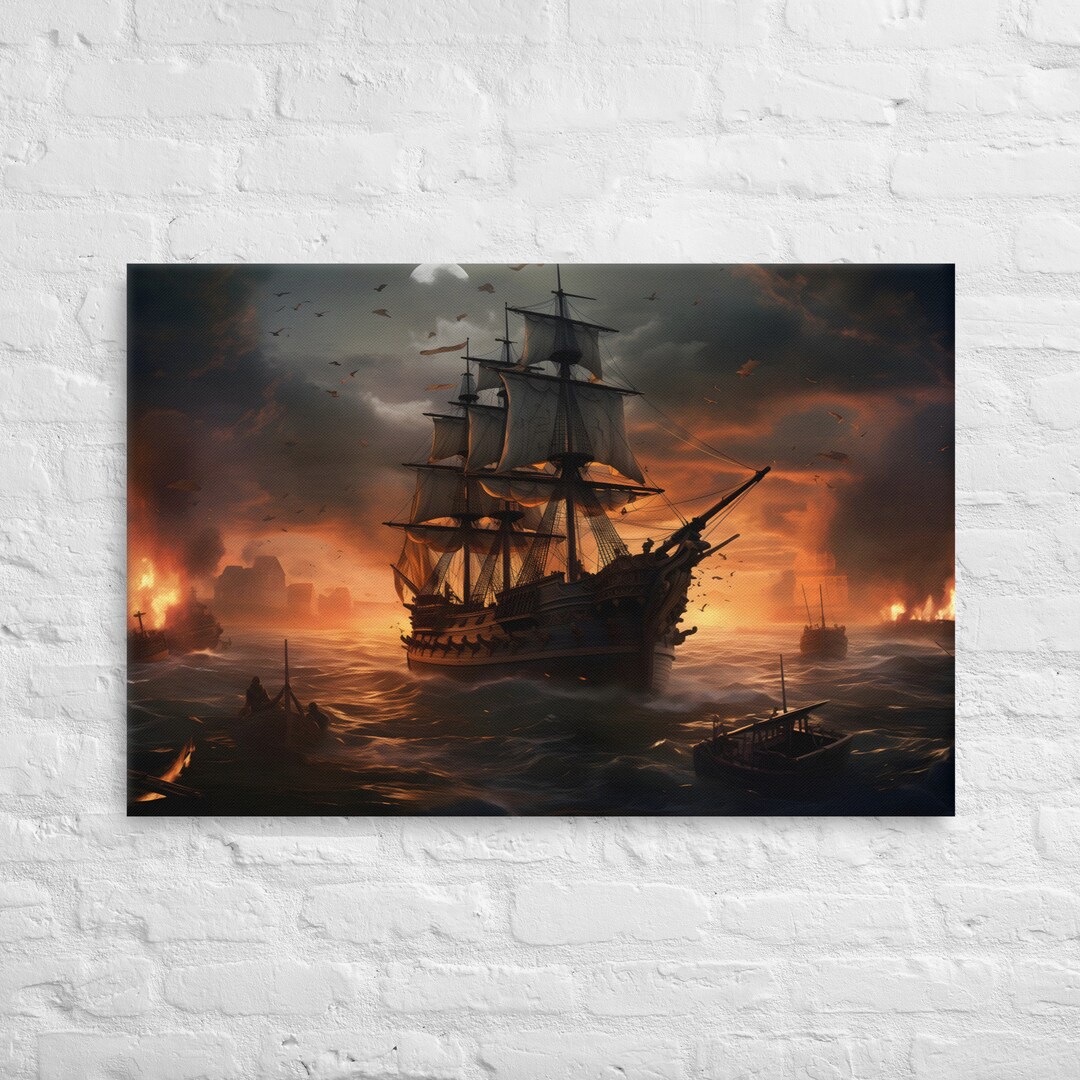 Majestic Pirate Ship Sailing Through Turmoil Canvas Wall Art Print ...