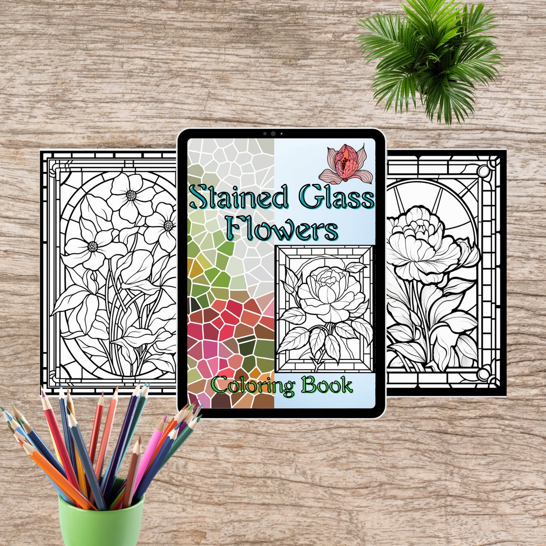 Art Therapy, Stained Glass Window Flowers Coloring Pages PDF & PNG 50 ...