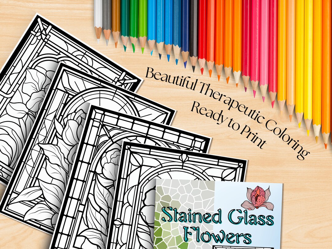 Art Therapy, Stained Glass Window Flowers Coloring Pages PDF & PNG 50 ...