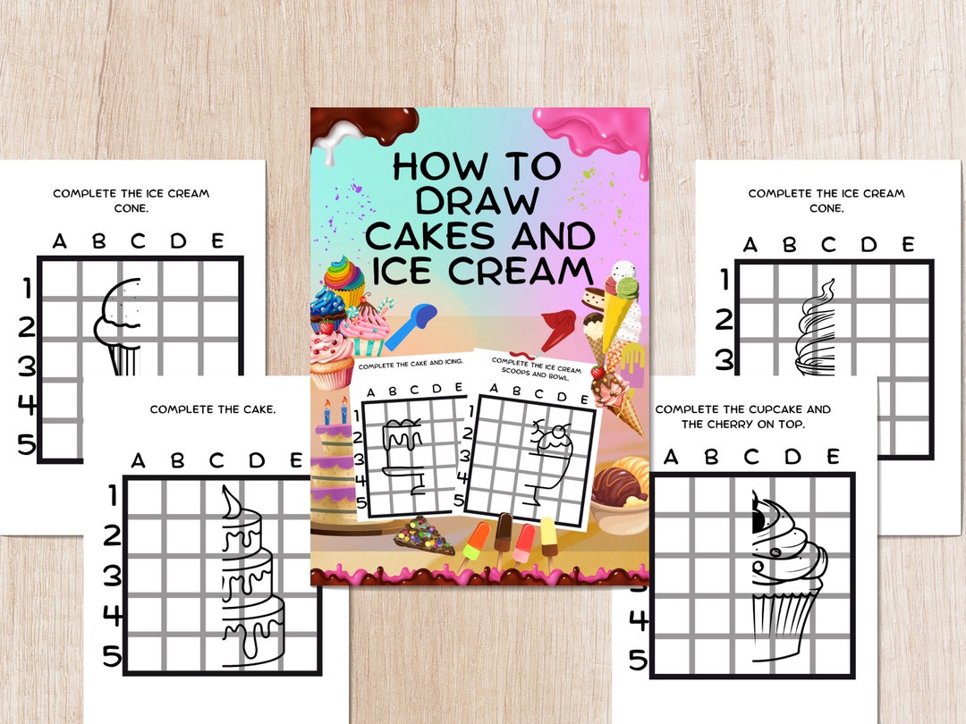 How to Draw Cakes and Ice Cream, Drawing Practice Book Food Draw Grid ...