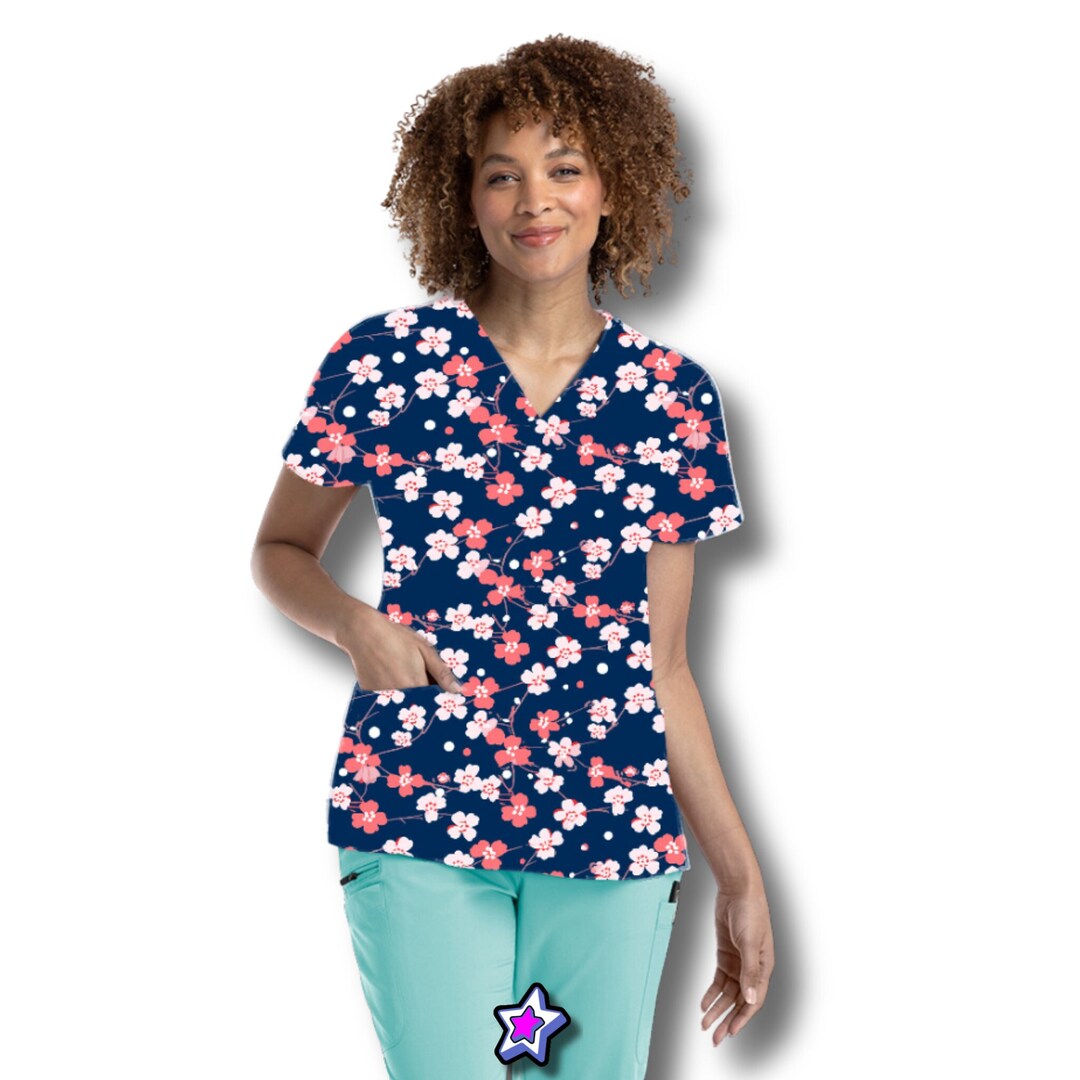 Ladies Scrub Top / Cherry Blossoms Pink & White Spring Flower, Japanese ...