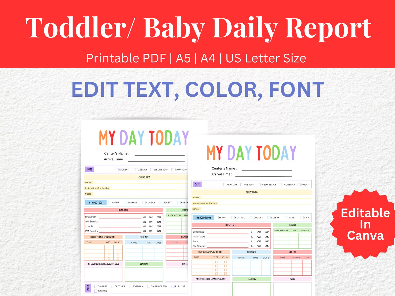 Toddler Daily Log for Daycare, Printable Babysitter Log, Editable ...