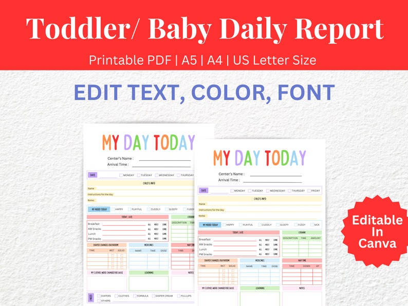 Toddler Daily Log for Daycare, Printable Babysitter Log, Editable ...