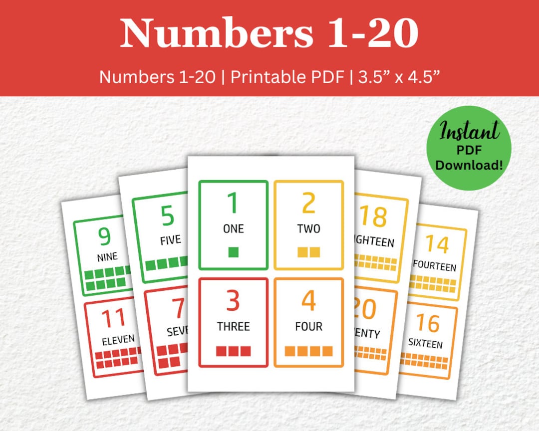 Number Flash Cards for Kids, Montessori Counting Printable Cards 1-20 ...