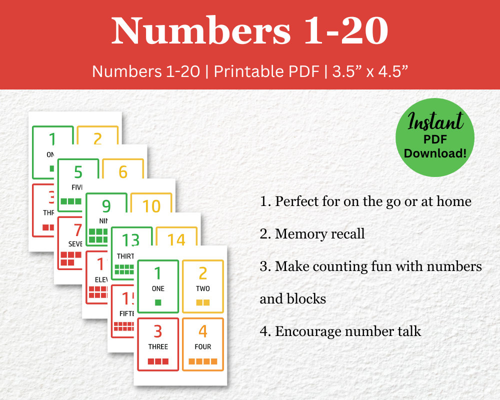Number Flash Cards for Kids, Montessori Counting Printable Cards (1-20 ...