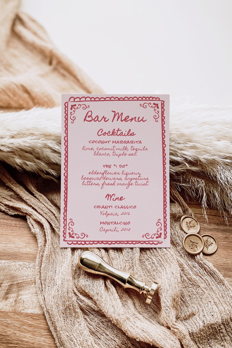 Bar Menu Template for Romantic Wedding Theme, Hand Drawn Cocktail Party ...