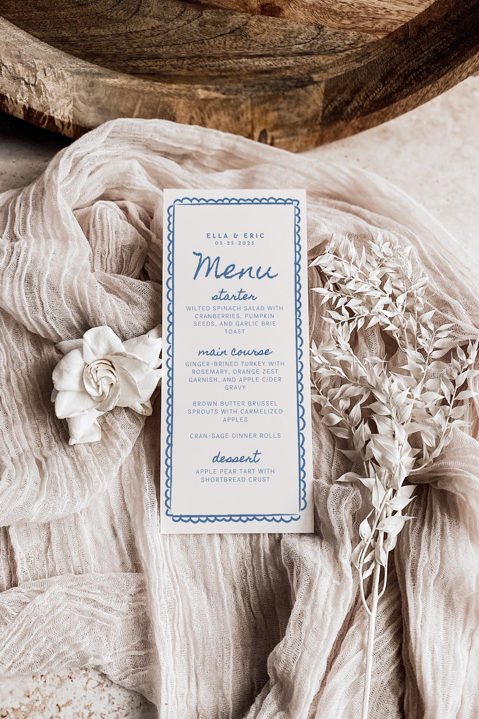 Menu Template for Blue White Coastal Wedding Theme, Hand Drawn Dinner ...