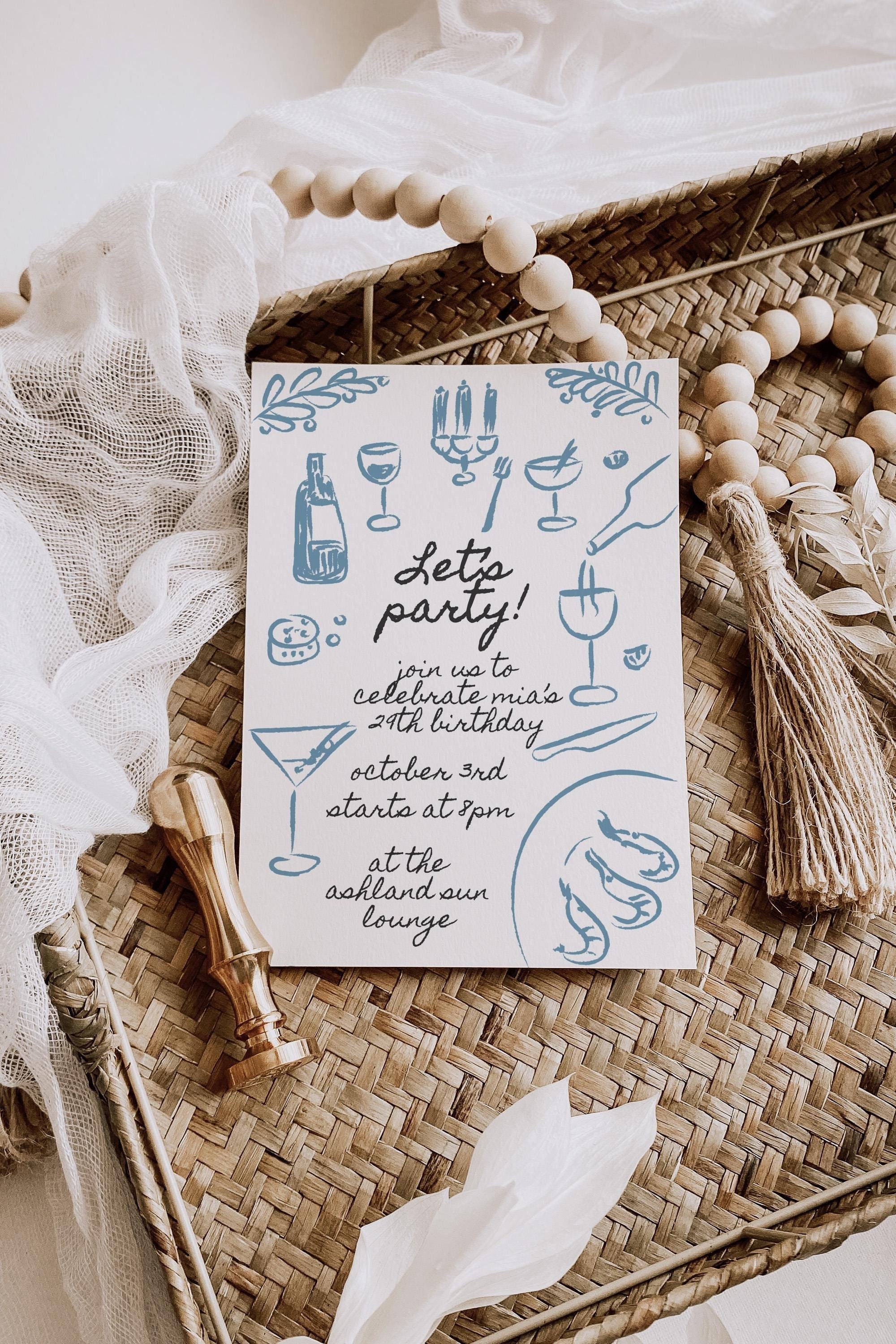 Hand Drawn Blue Birthday Party Invitation Template, Seafood Wine ...