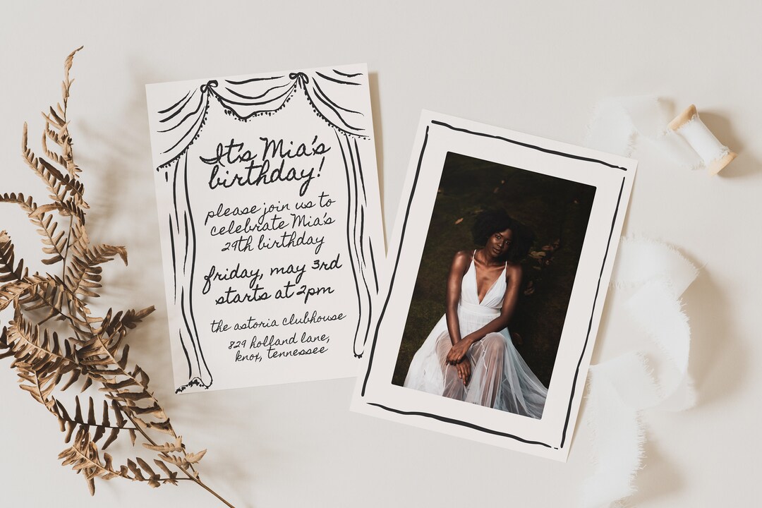 Vintage Style Birthday Party Invitation Template With Photo, Hand Drawn ...