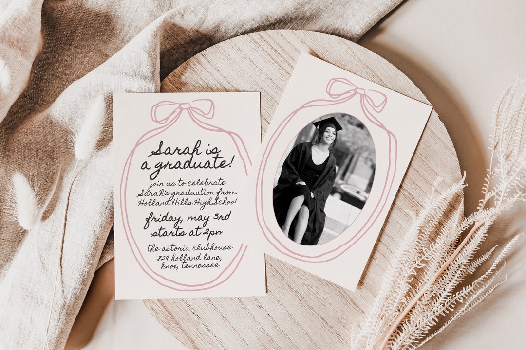 Graduation Party Invitation Template With Photo, Pink Bow Border, Boho ...