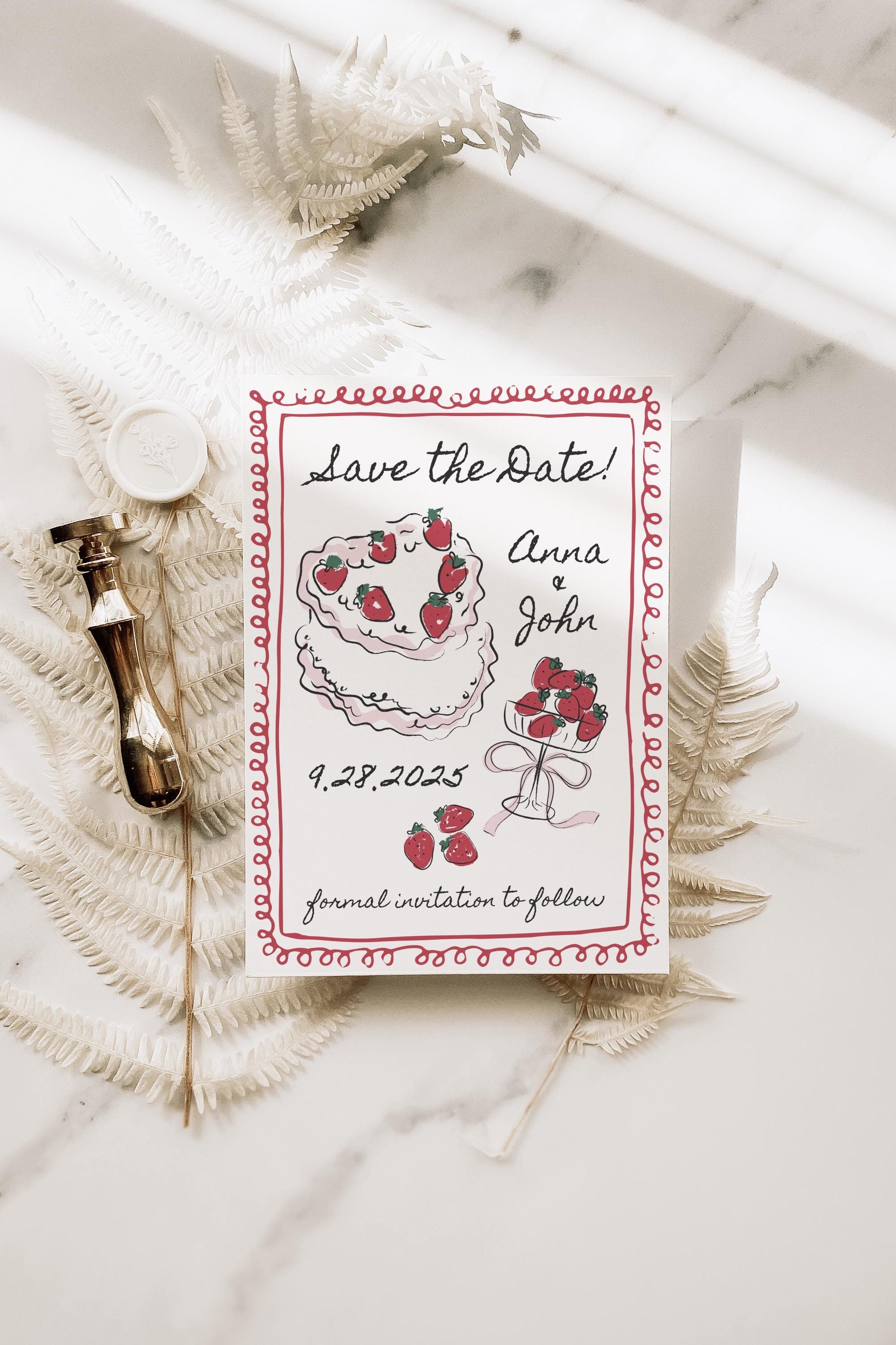 Strawberry Cake Save the Date Card: Hand-drawn, Editable Canva Template ...
