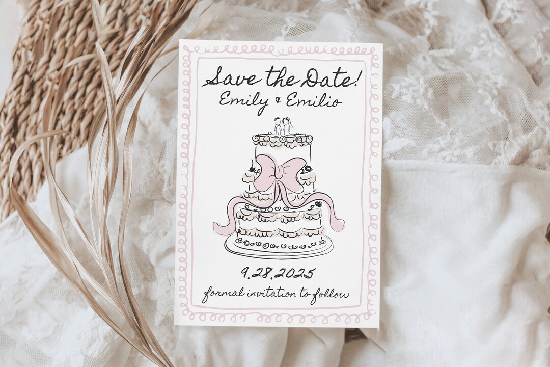 Save the Date Template With Hand Drawn Bow Wedding Cake Doodle ...