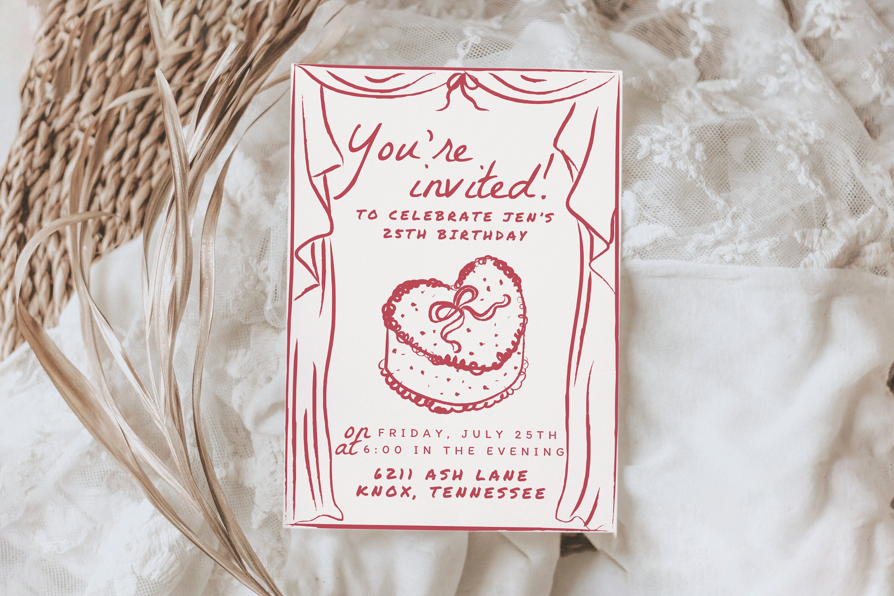 Printable Birthday Party Invitation Template With Red Heart Shaped Cake ...