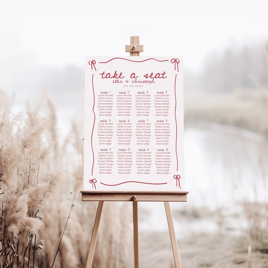 Wedding Seating Chart Template: Hand Drawn Romantic Pink Red - Canva ...