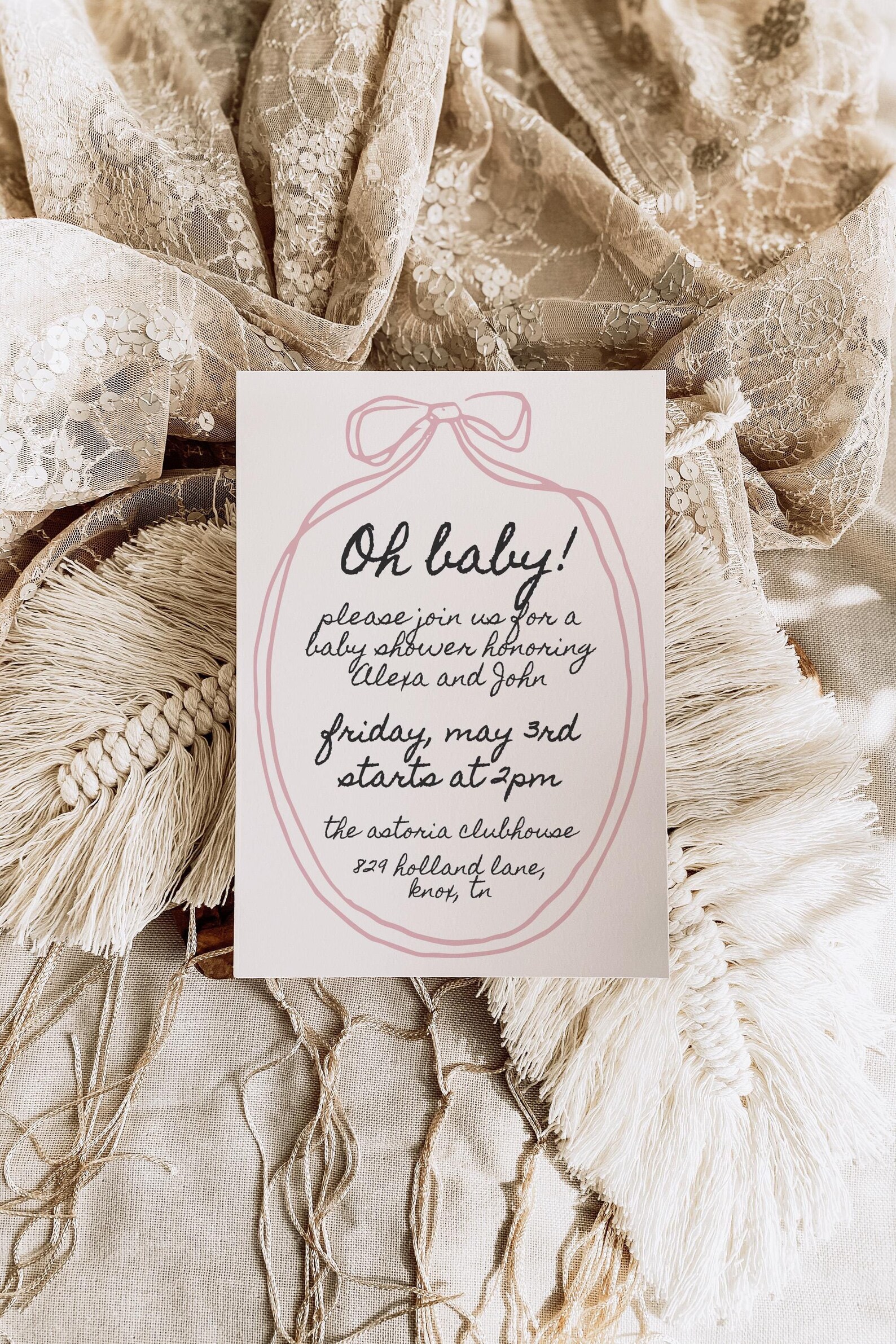 Hand Drawn Baby Shower Invitation Template, Oh Baby Invite, Pink Bow ...