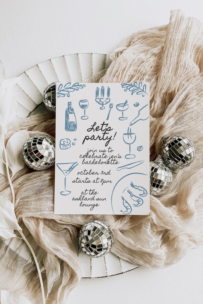 Blue Beach Bachelorette Party Invitation Template, Handdrawn Editable ...