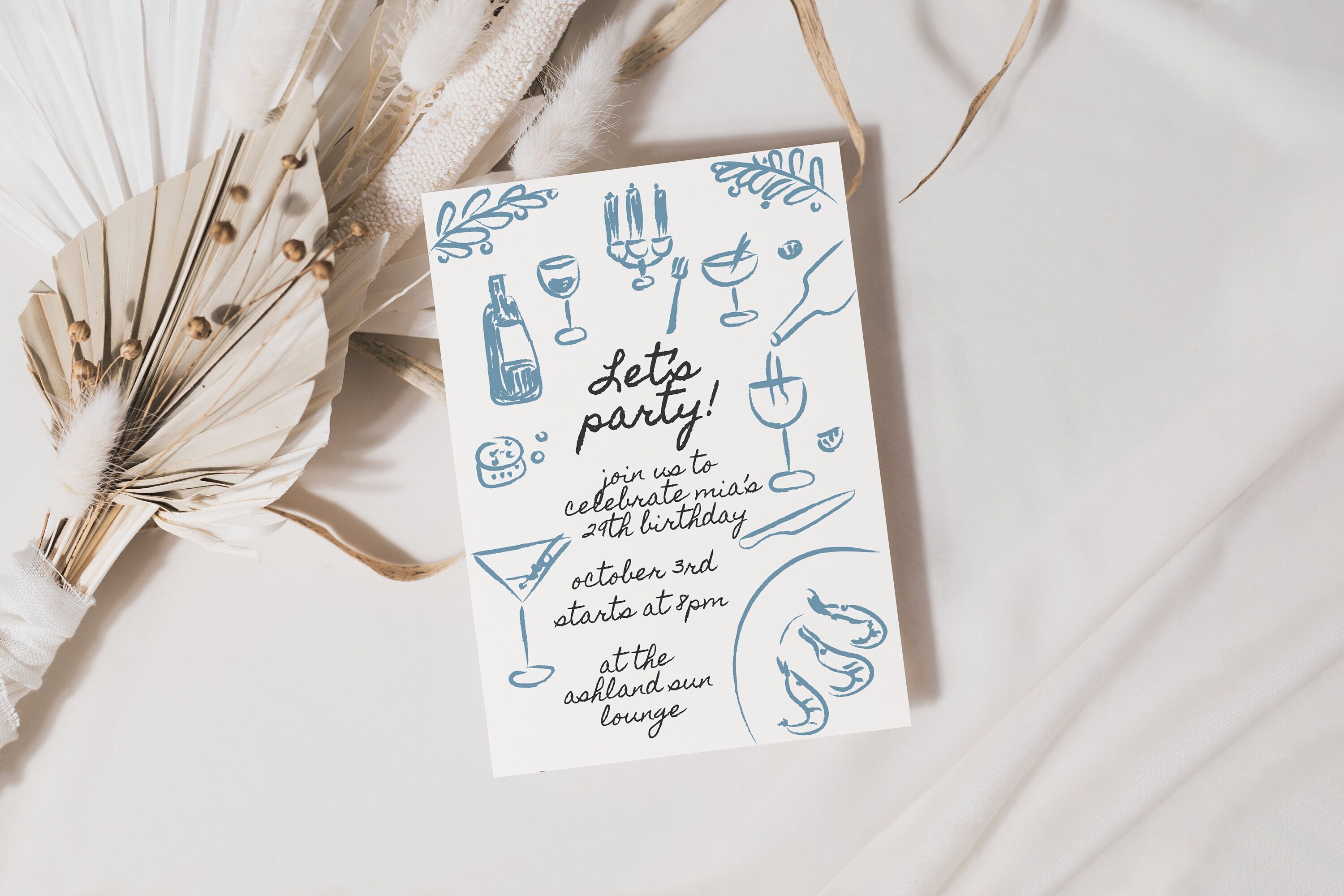 Hand Drawn Blue Birthday Party Invitation Template, Seafood Wine ...