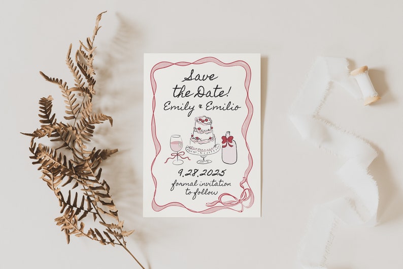 Hand Drawn Save the Date Template With Pink Ribbon Elegant Cherry ...